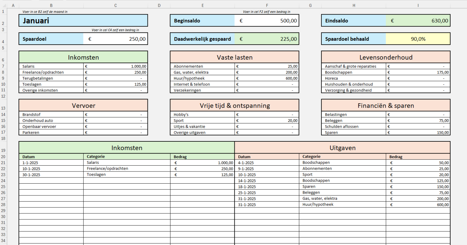 Eenvoudig huishoudboekje Excel Template - Eenmalig €7